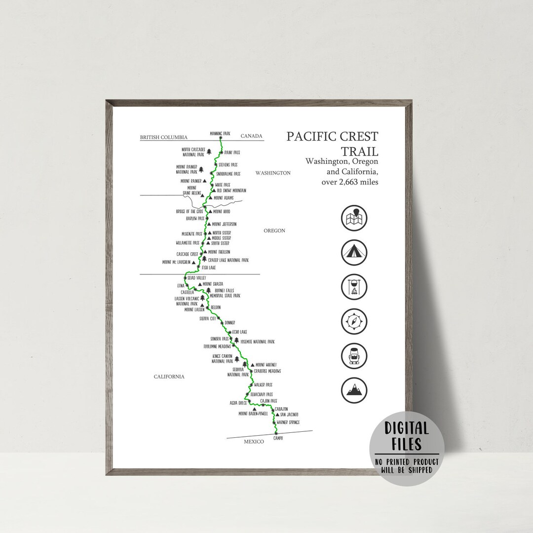 Pacific Crest Trail Map-pacific Crest Trail Hiking Map Poster-pacific ...