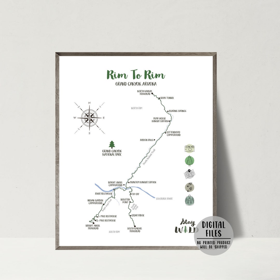 Rim to Rim Trail Map-rim to Rim Hiking Trail Map Print-grand Canyon ...