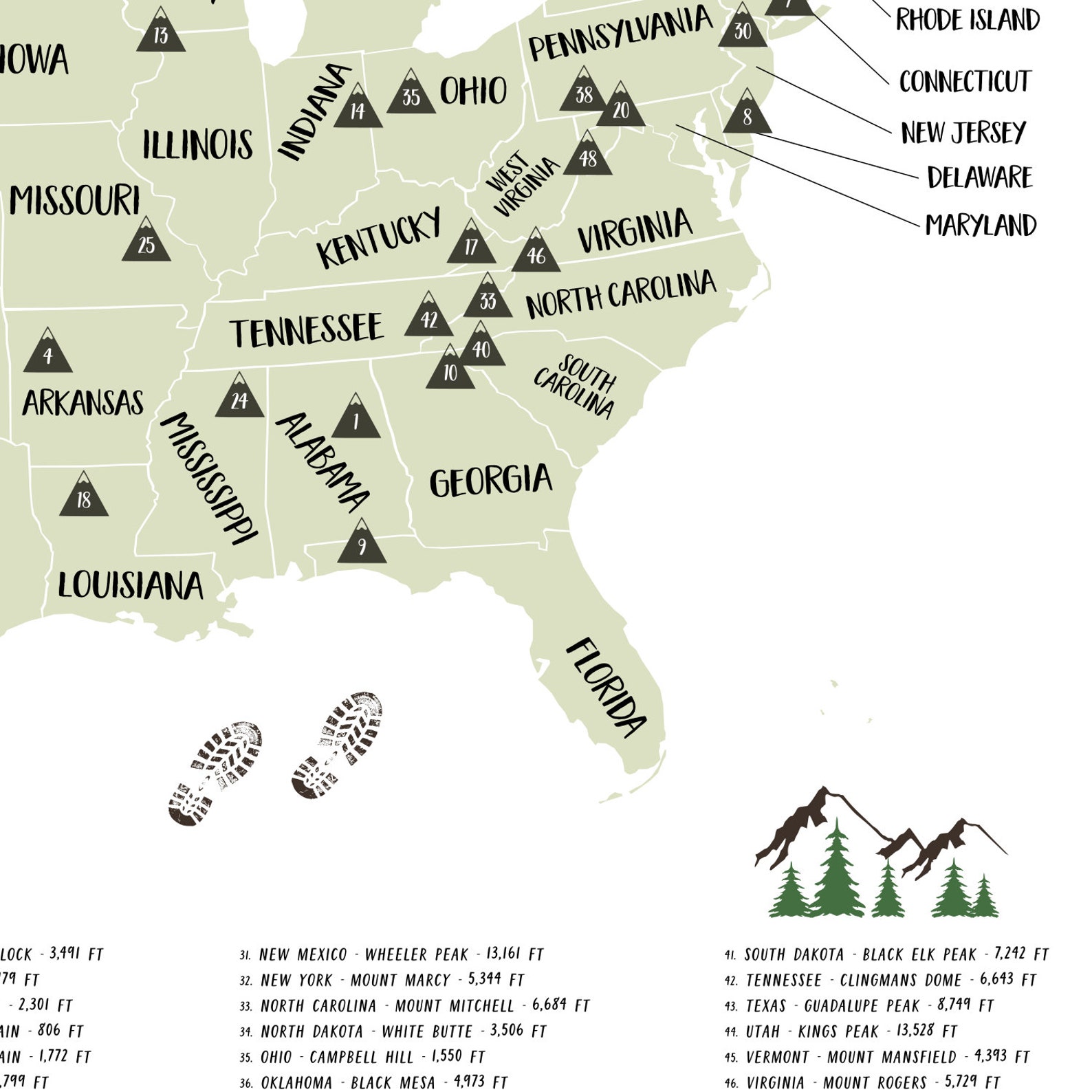 State High Points Map-usa State Peaks-state Highest Peak Map-50 States ...