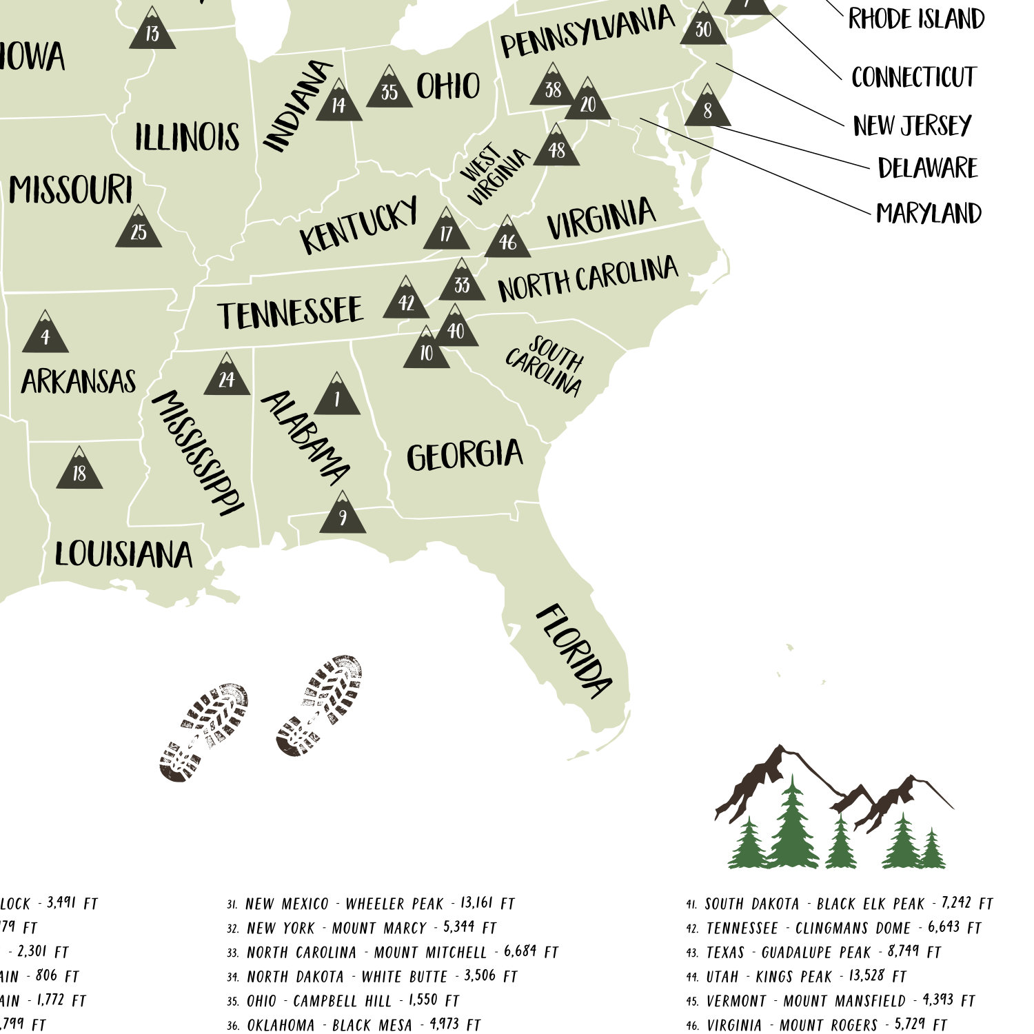 State High Points Map-usa State Peaks-state Highest Peak - Etsy