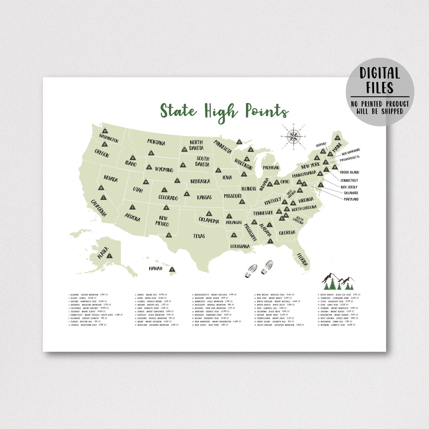 State High Points Map-usa State Peaks-state Highest Peak - Etsy