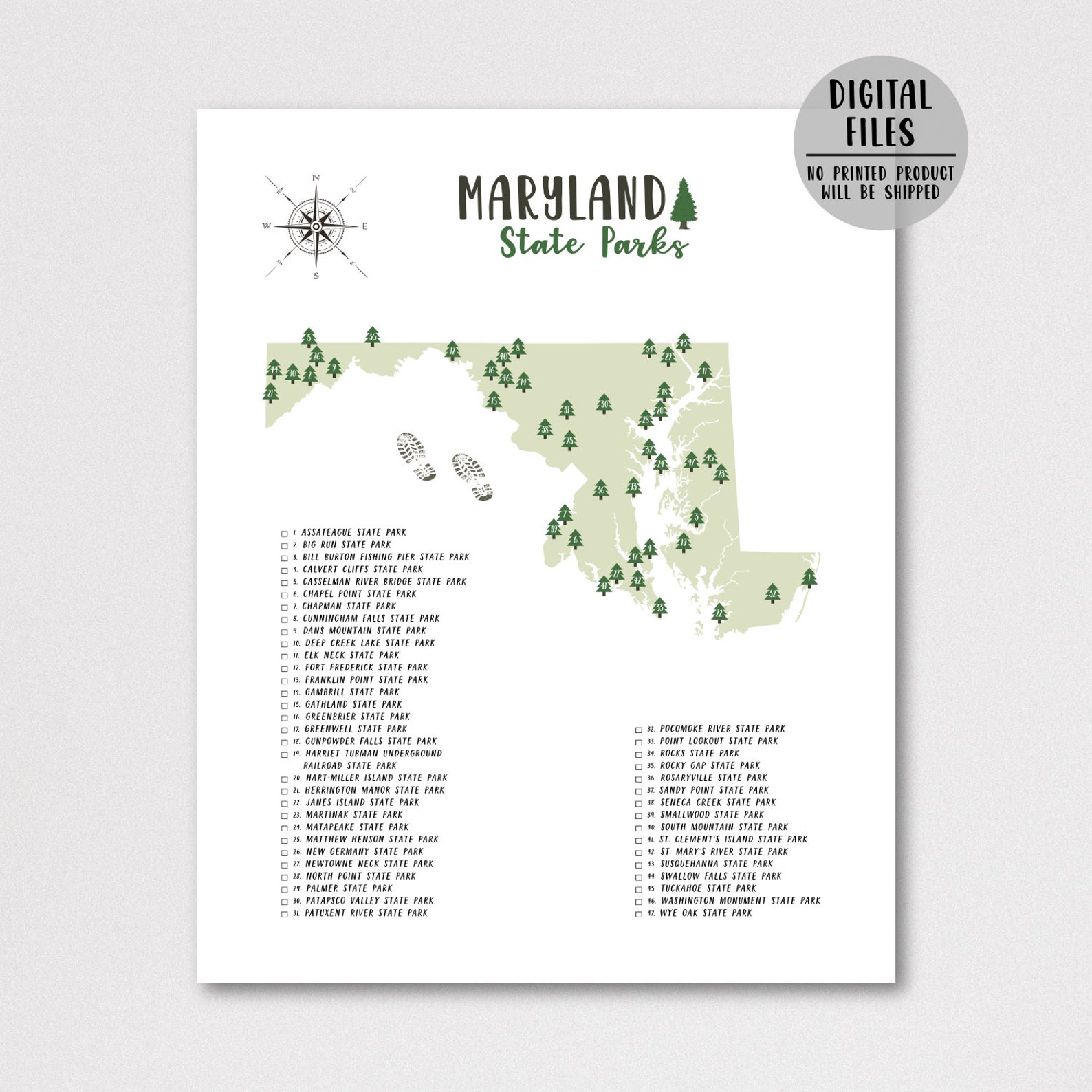 Maryland State Parks Map Print-maryland State Parks Checklist-state ...
