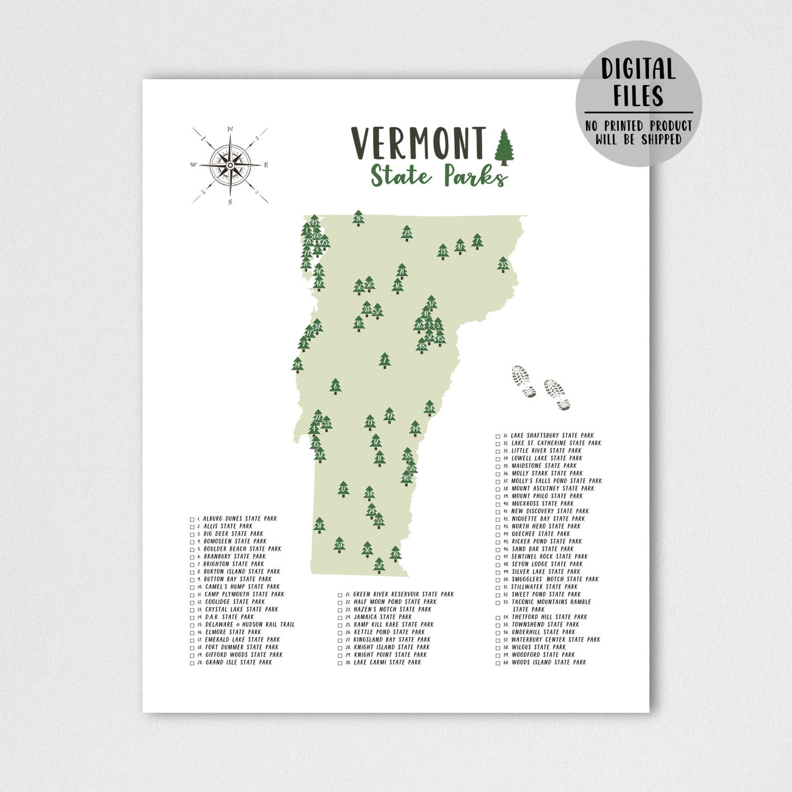 Vermont State Parks Map Print-vermont State Parks Checklist-state Parks ...
