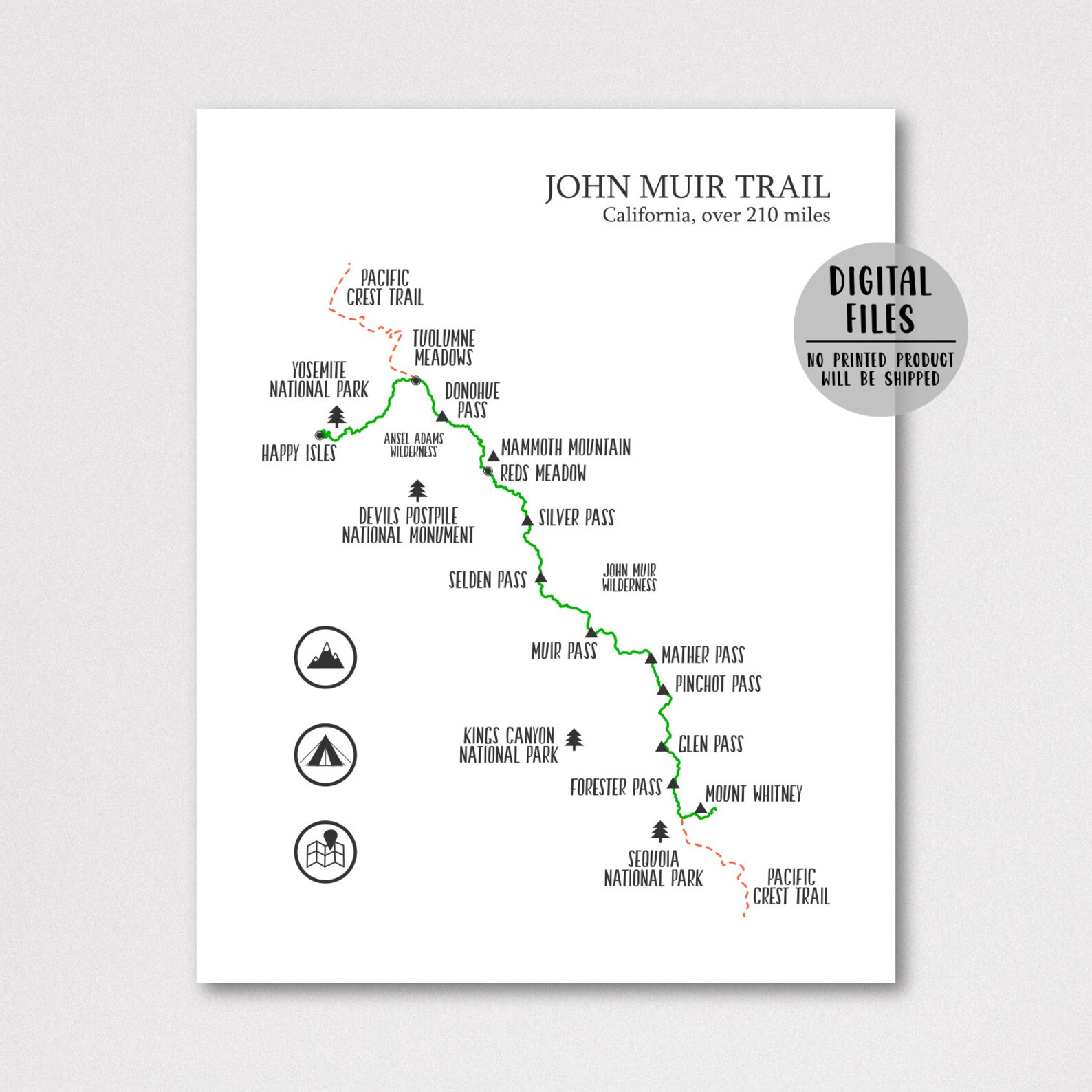 John Muir Trail Map-john Muir Hiking Trail Map Poster-jmt - Etsy