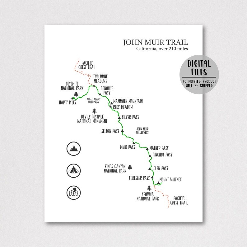 John Muir Trail Map-john Muir Hiking Trail Map Poster-jmt Hiking Map ...