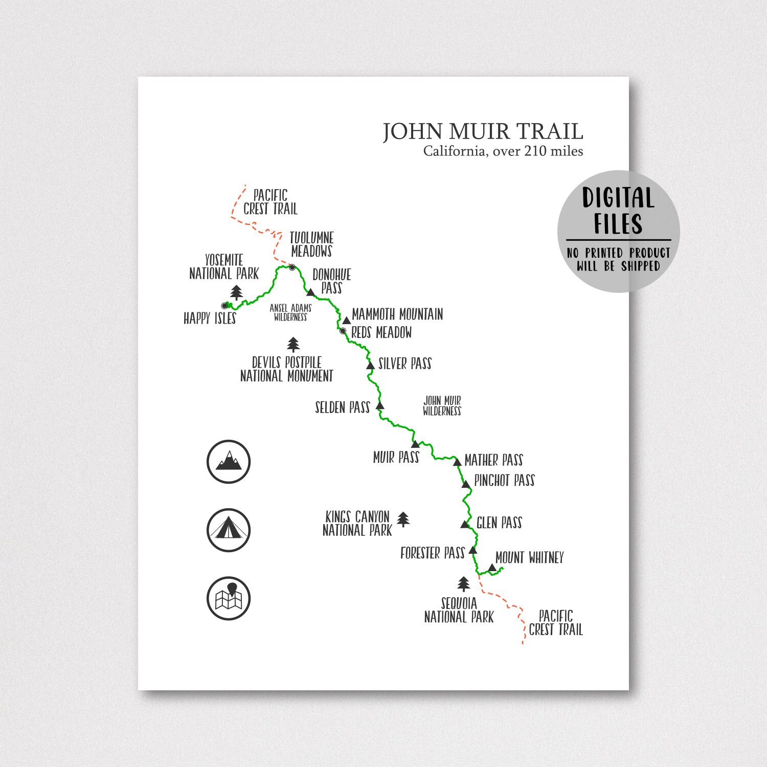John Muir Trail Map-john Muir Hiking Trail Map Poster-jmt Hiking Map ...