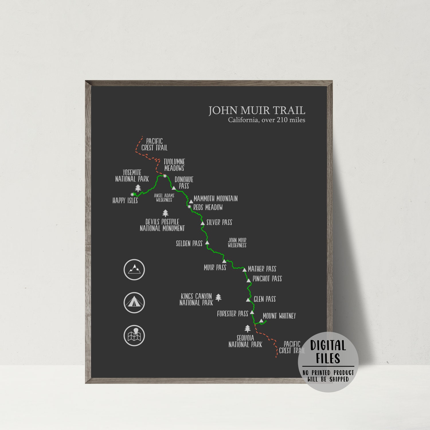 John Muir Trail Map Print-john Muir Hiking Trail Map - Etsy