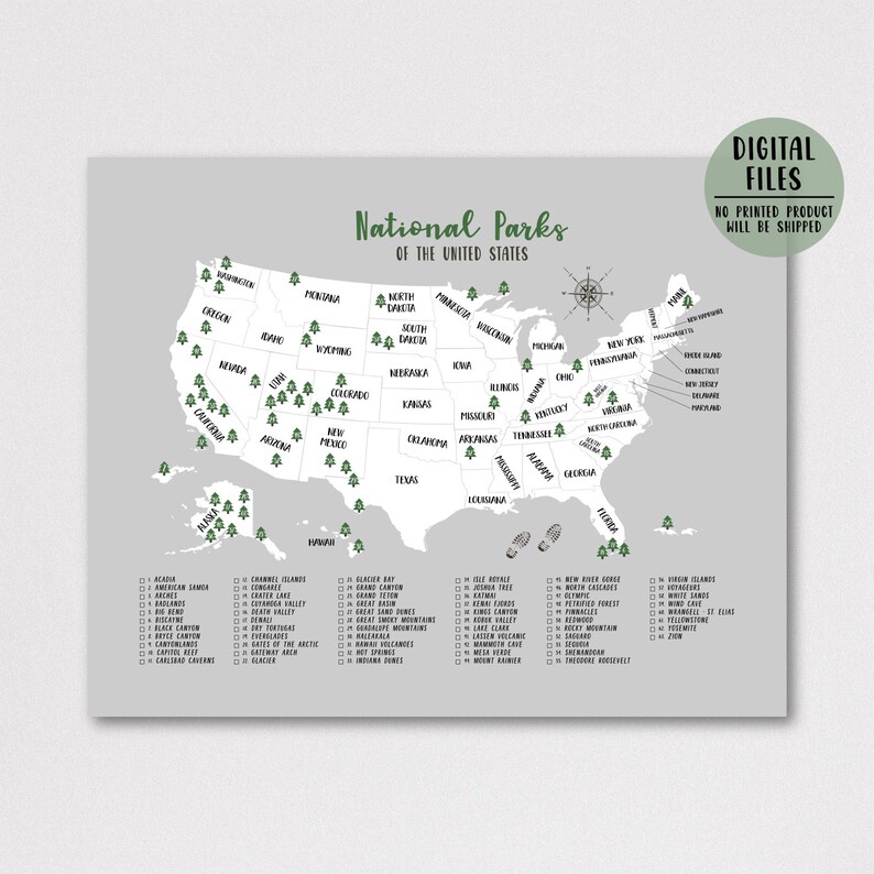 National Parks Map-usa National Parks Checklist-63 National - Etsy