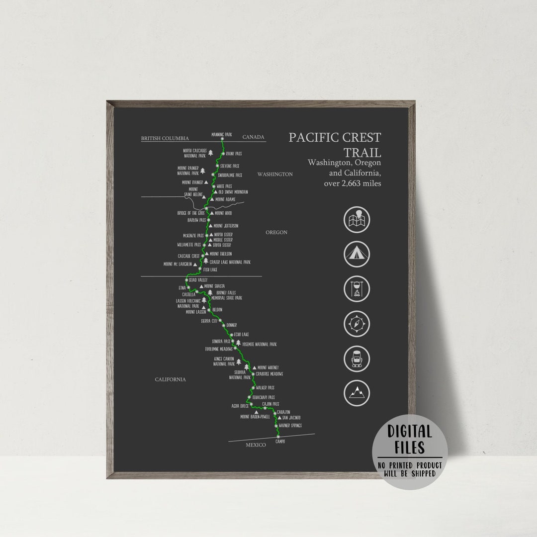 Pacific Crest Trail Map-pacific Crest Trail Hiking Map Poster-pacific ...