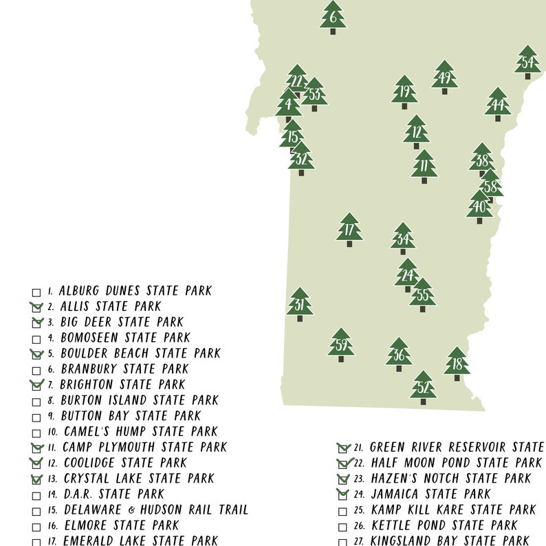 Vermont State Parks Map Print-vermont State Parks Checklist-state Parks ...