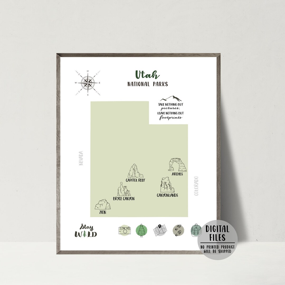 Utah National Parks Map-utah Map Print-utah Travel Map-usa National ...