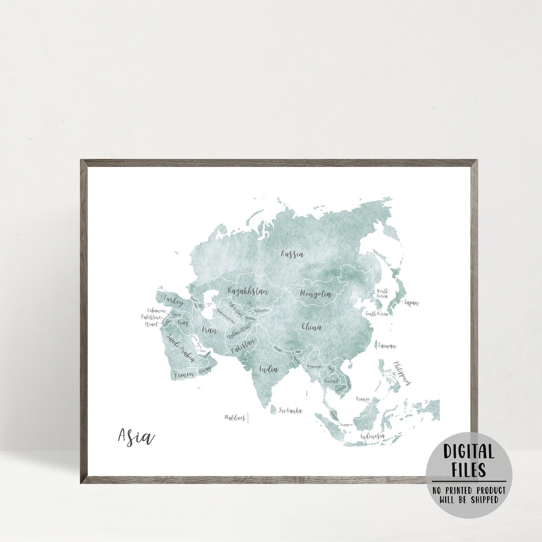 Asia Map With Countries-asia Poster-minimalist Map Print-watercolor Map ...