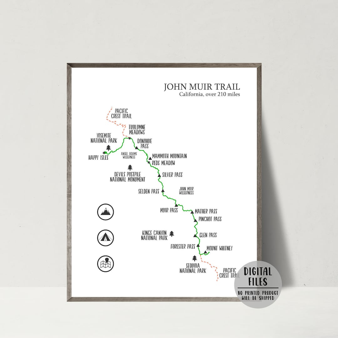 John Muir Trail Map-john Muir Hiking Trail Map Poster-jmt Hiking Map ...