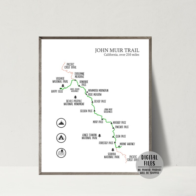 John Muir Trail Map - John Muir Hiking Trail Map Poster - JMT Hiking ...