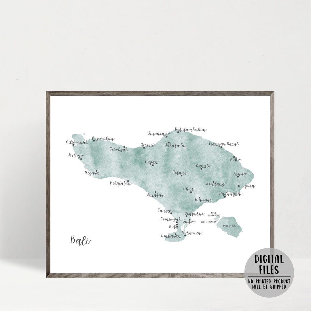Bali Map-indonesia Bali Travel Poster-minimalist Map Print-watercolor ...