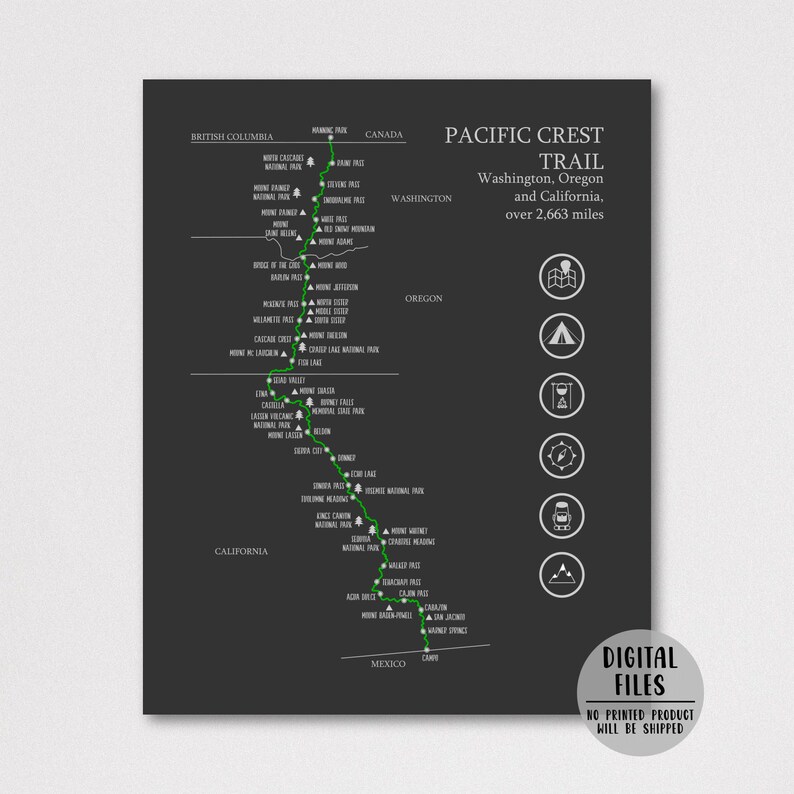 Pacific Crest Trail Map-pacific Crest Trail Hiking Map - Etsy