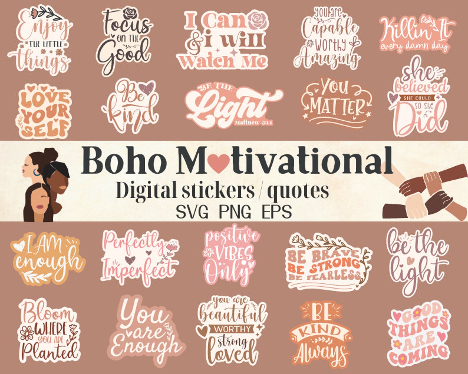 Boho Inspirational Quotes Svg Bundle, Positive Stickers, Daily ...