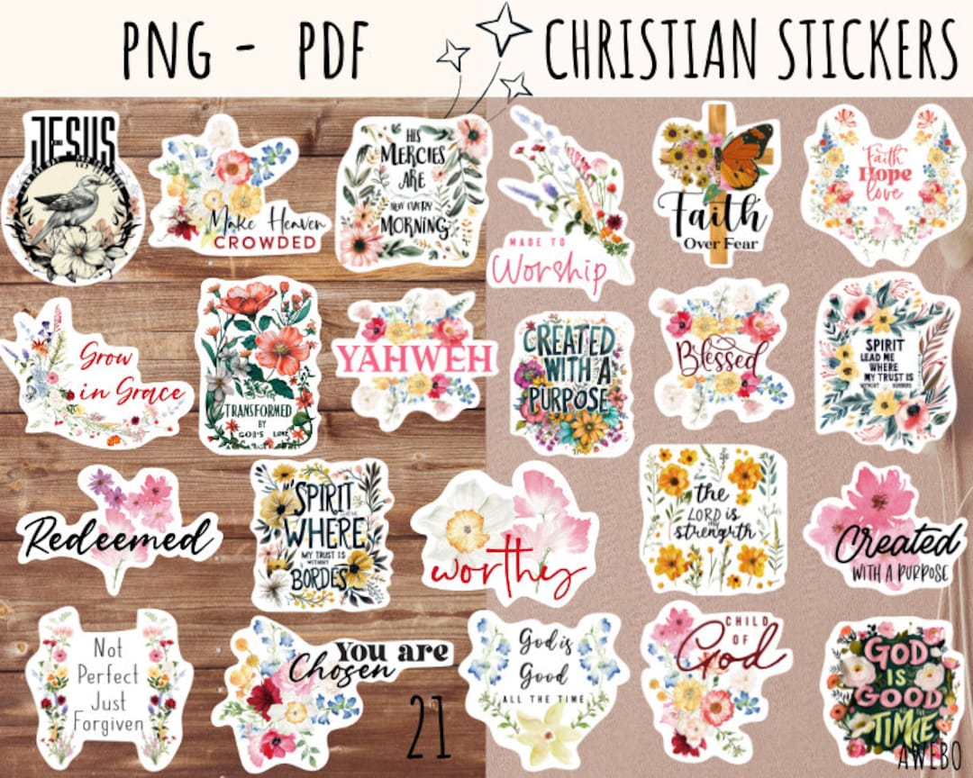 21 Floral Christian Digital Stickers Png Bundle, Religious Printable ...