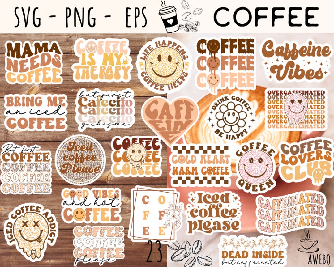 23 Boho Coffee Stickers Stickers Svg Png Bundle, Digital Coffee ...