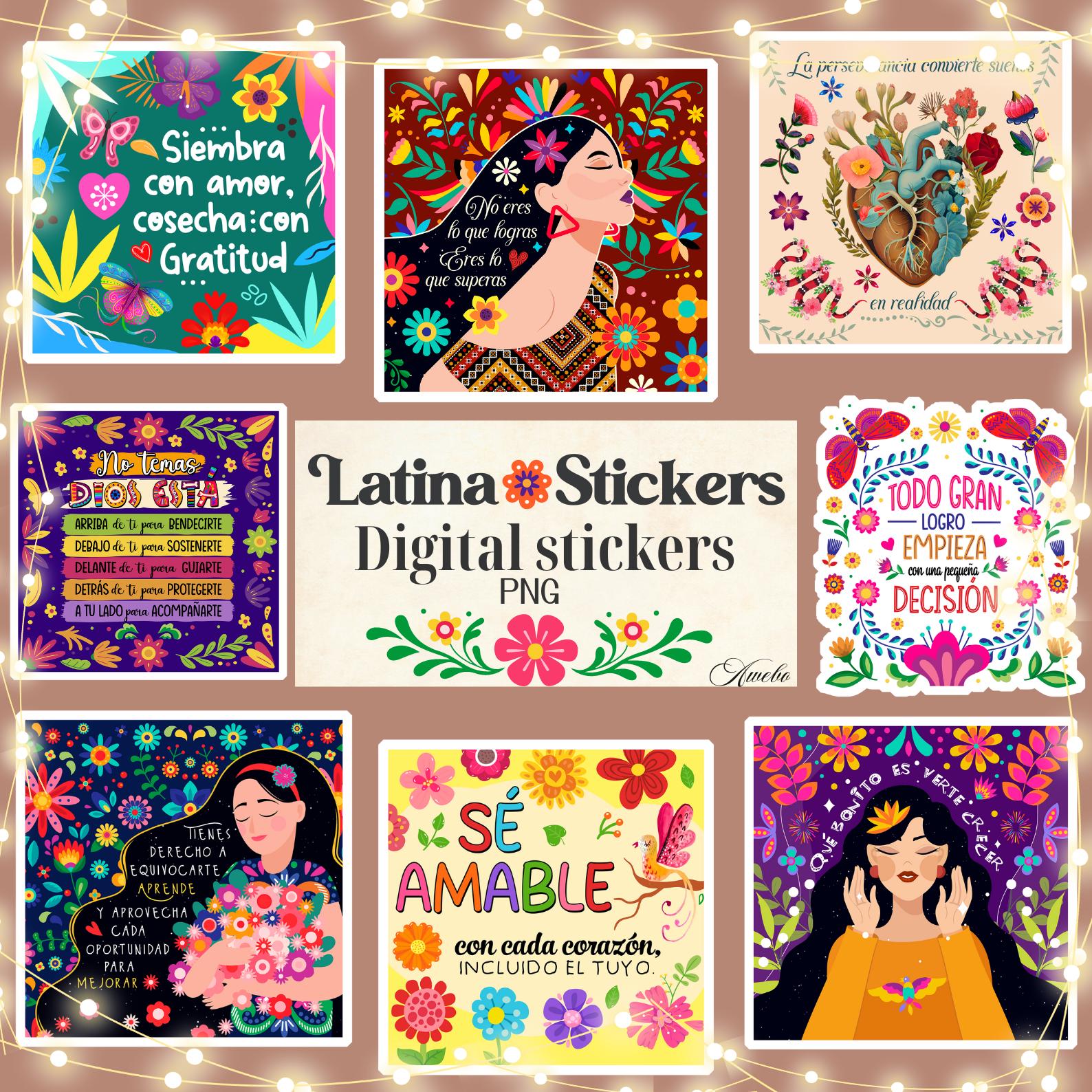 11 Floral Motivational Latina Stickers PNG Bundle, Digital Printable ...