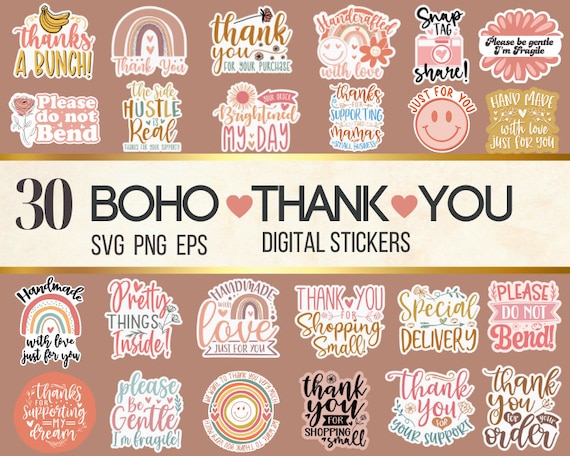 30 Boho Thank You Stickers SVG PNG Bundle Thank You Stickers - Etsy
