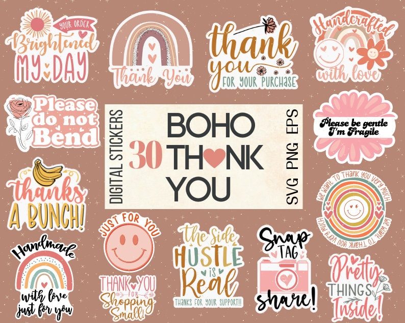 30 Boho Thank You Stickers SVG PNG Bundle Thank You Stickers - Etsy UK