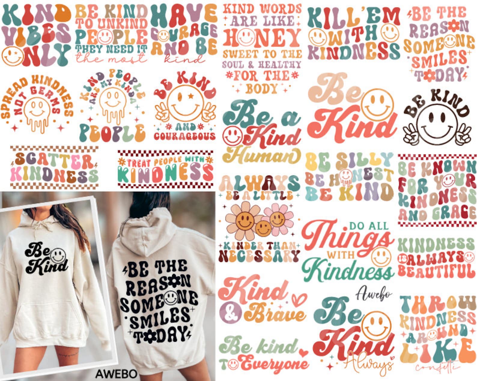 Retro Kindness Svg Png Bundle, Positive Affirmations Svg, Kindness Svg ...