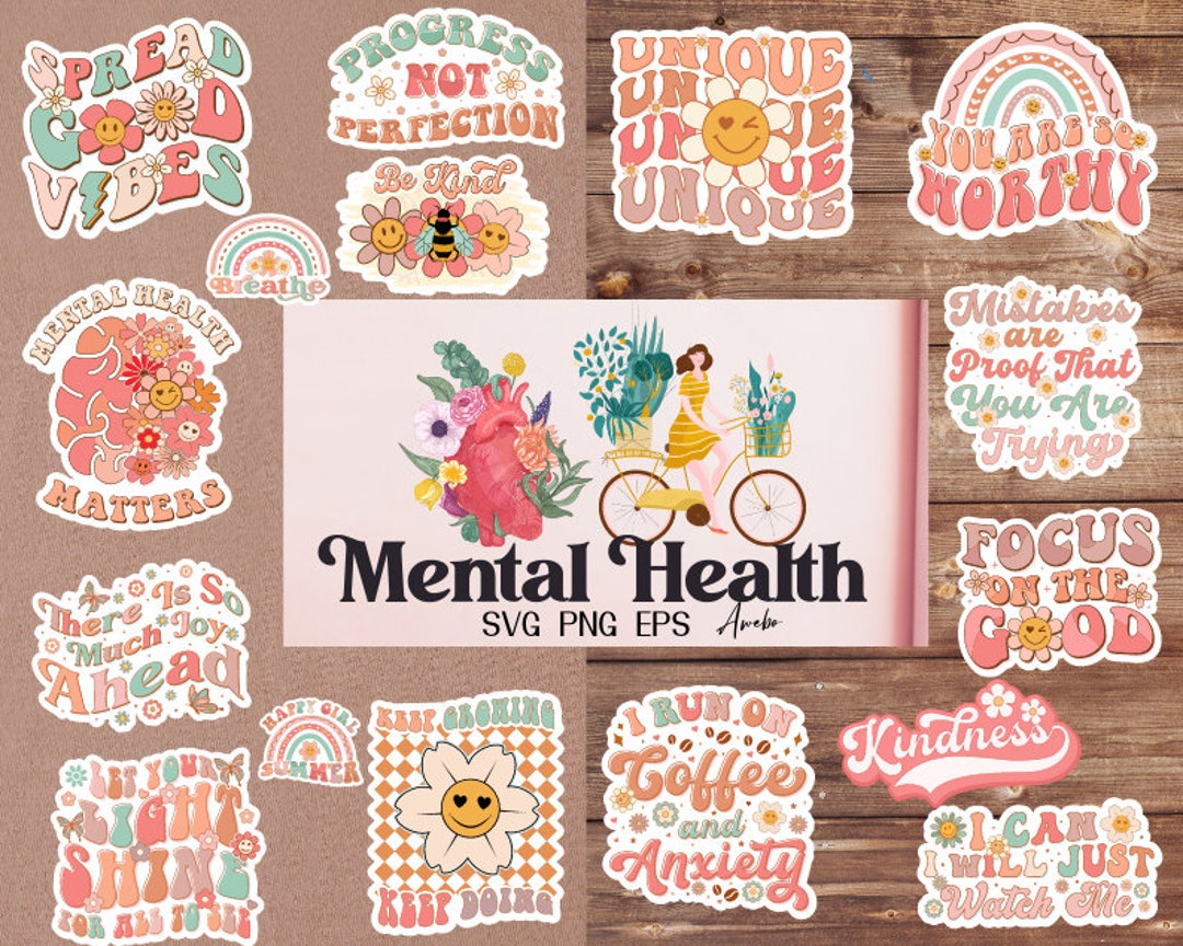 Retro Boho Mental Healthy Svg Png Bundle, Printable Stickers ...