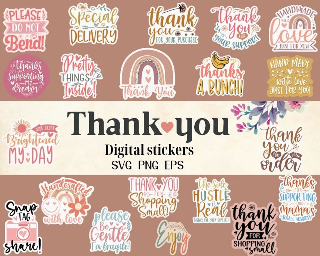 20 Boho Thank You Stickers SVG PNG Bundle Digital Thank You Printable ...