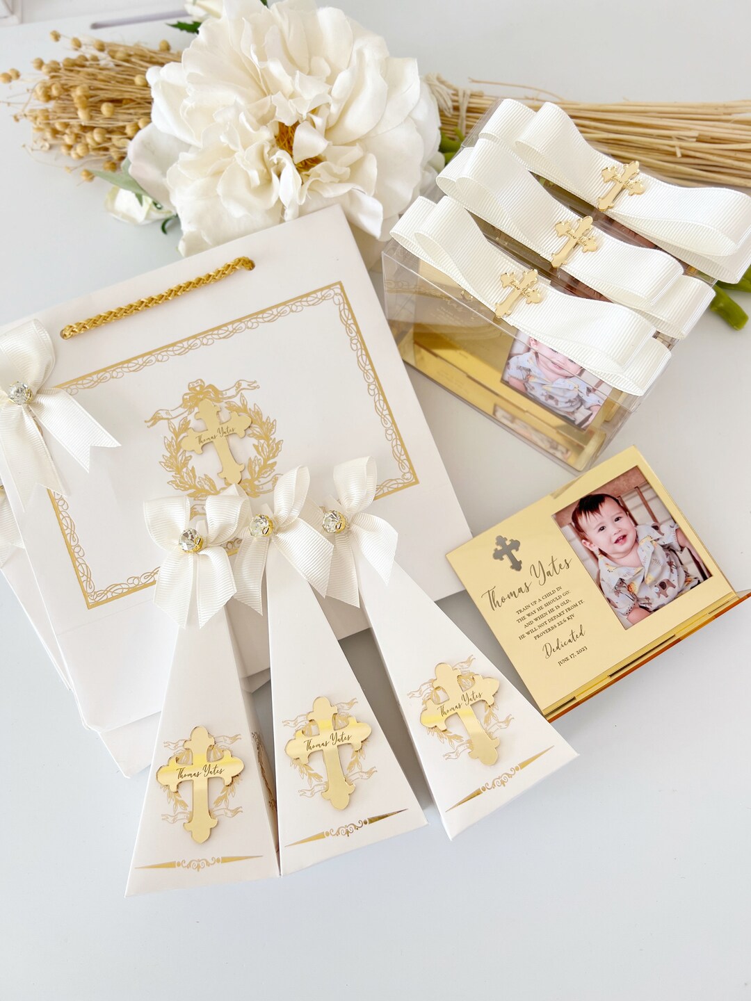 Gold Baptism Gift Set, Baptism Photo Frame, Baptism Bag & Candy Box ...