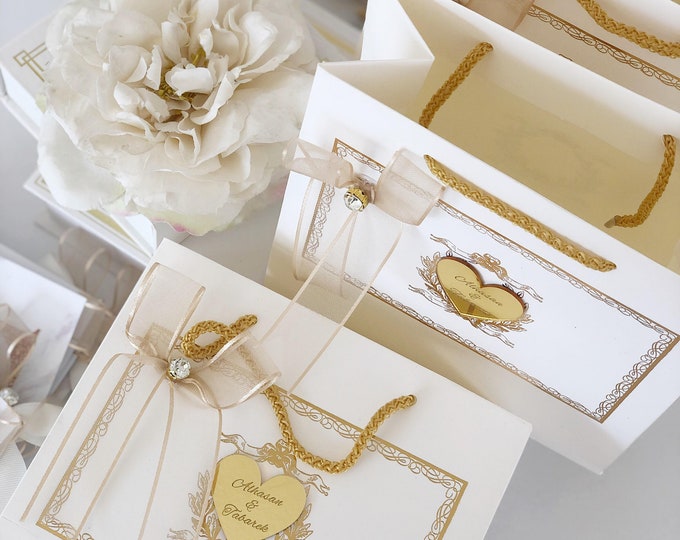 White and Gold Wedding Welcome Bags for Guests, Custom Printed Gift ...