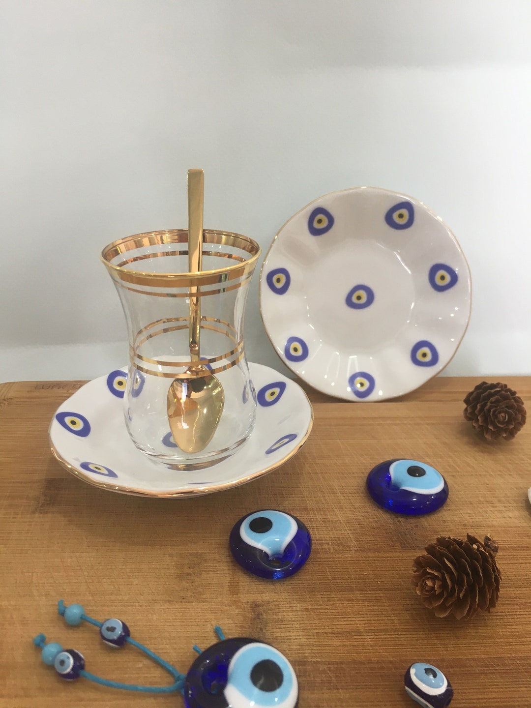 Evil Eye Turkish Tea Set,blue Tea Set,tea Glass and Saucers ,evil Eye ...