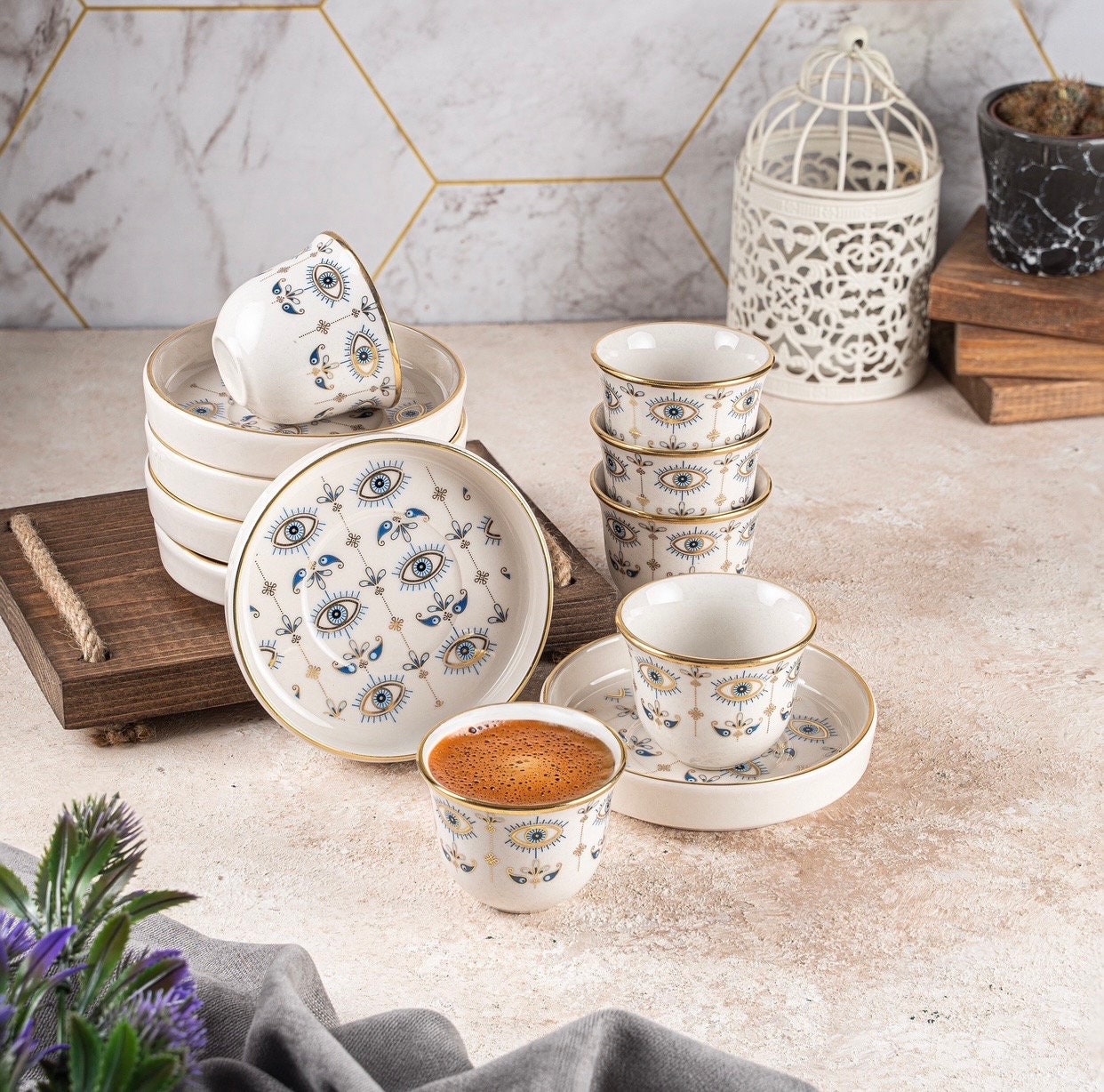 Evil Eye Designed Turkish Coffee Set, Turkish Coffee Cups Set, Espresso ...