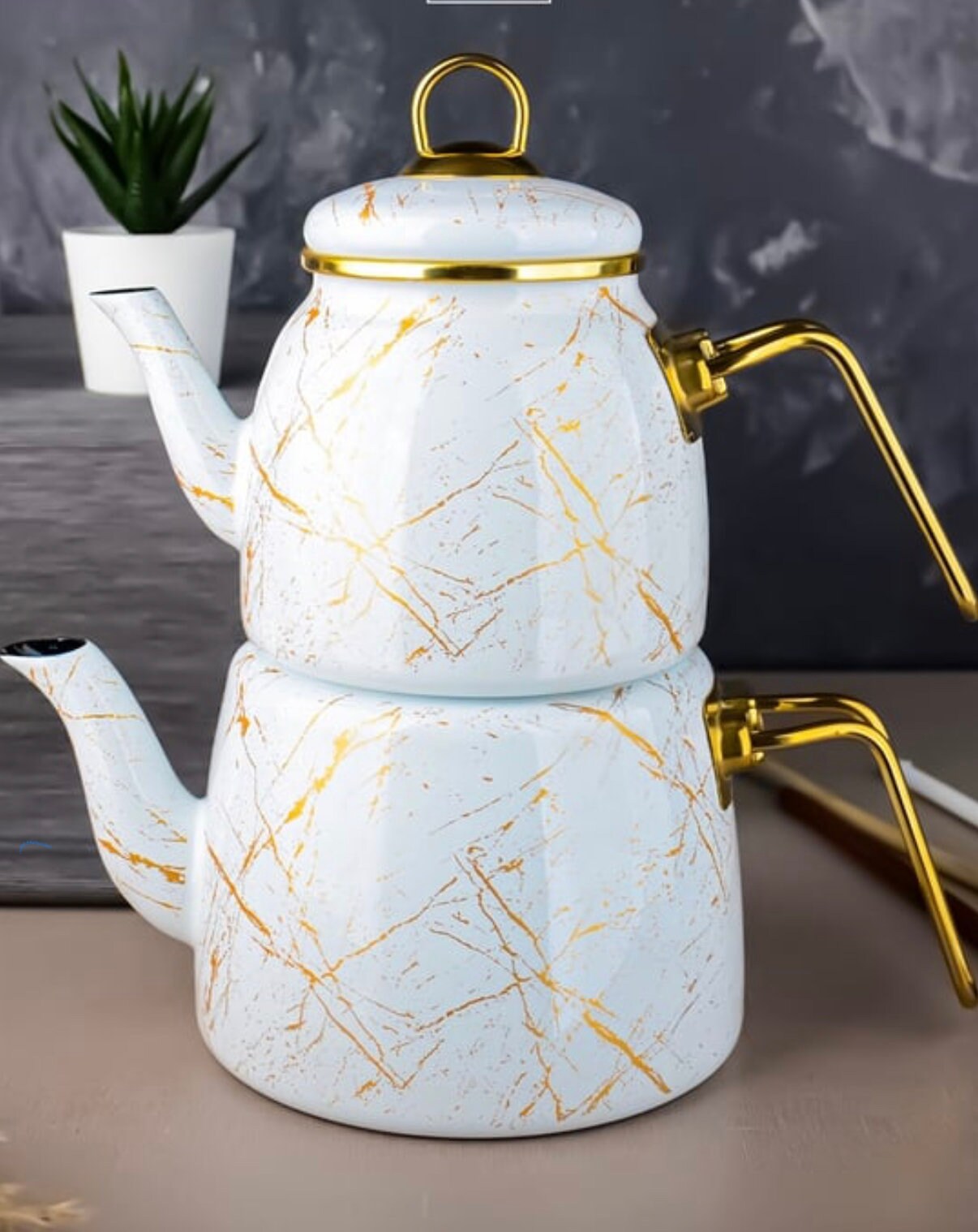 White Marble Enamel Teapot Set / Turkish Tea Pot Set, Turkish Samovar ...