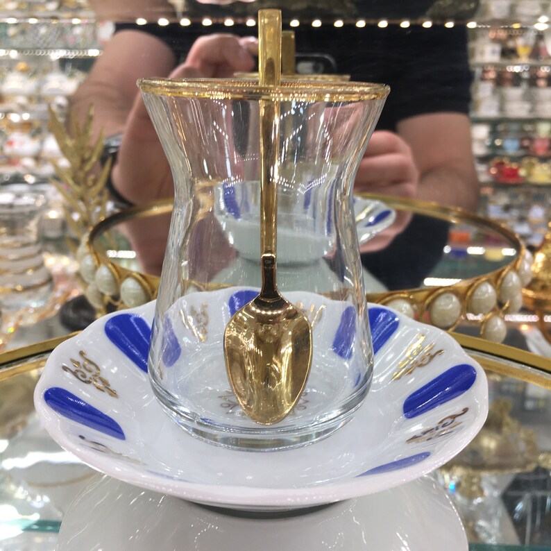 Turkish Tea Set Blue, Porcelain Turkish Tea Cups Set, Tea Glass, Blue ...