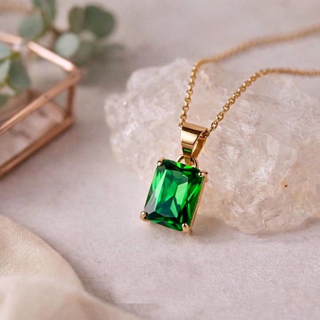 14K Solid Gold Baguette Lab Created Emerald Necklace, Cable Chain ...