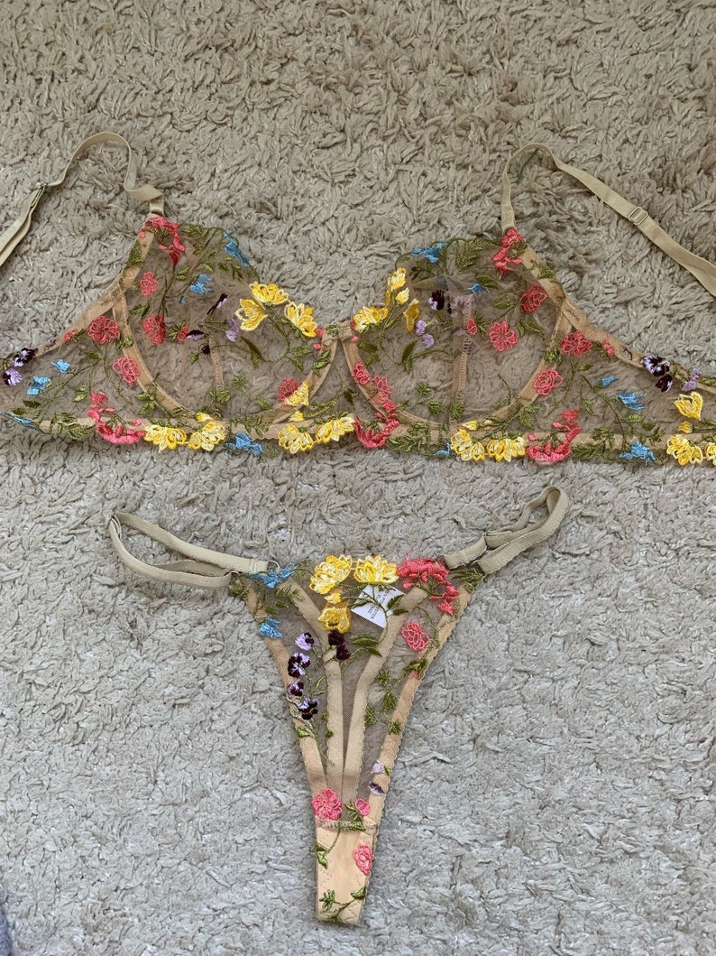 Lingerie Flower Embroidery Lingerie Set Floral Lingerie Etsy