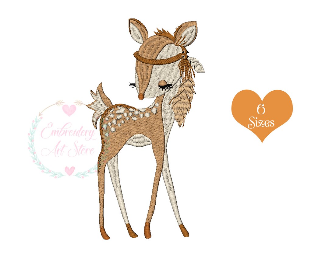 Boho Reh Stickdatei, Reh & Feder, 6 Größen, Stickdatei, Reh & Feder, 6 ...