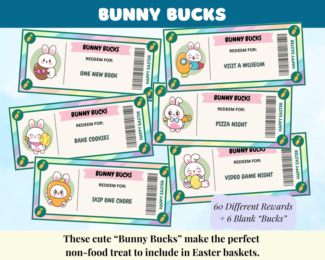 60 Bunny Bucks, Easter Egg Stuffers, Printable Easter Coupons, Easter ...