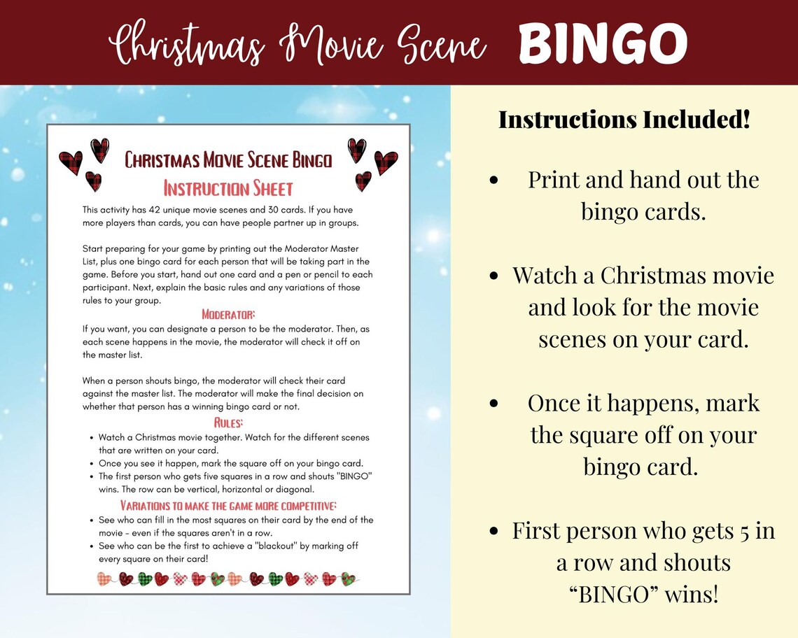 Christmas Movie Scene Bingo, 30 Unique Holiday Bingo Cards, Fun ...