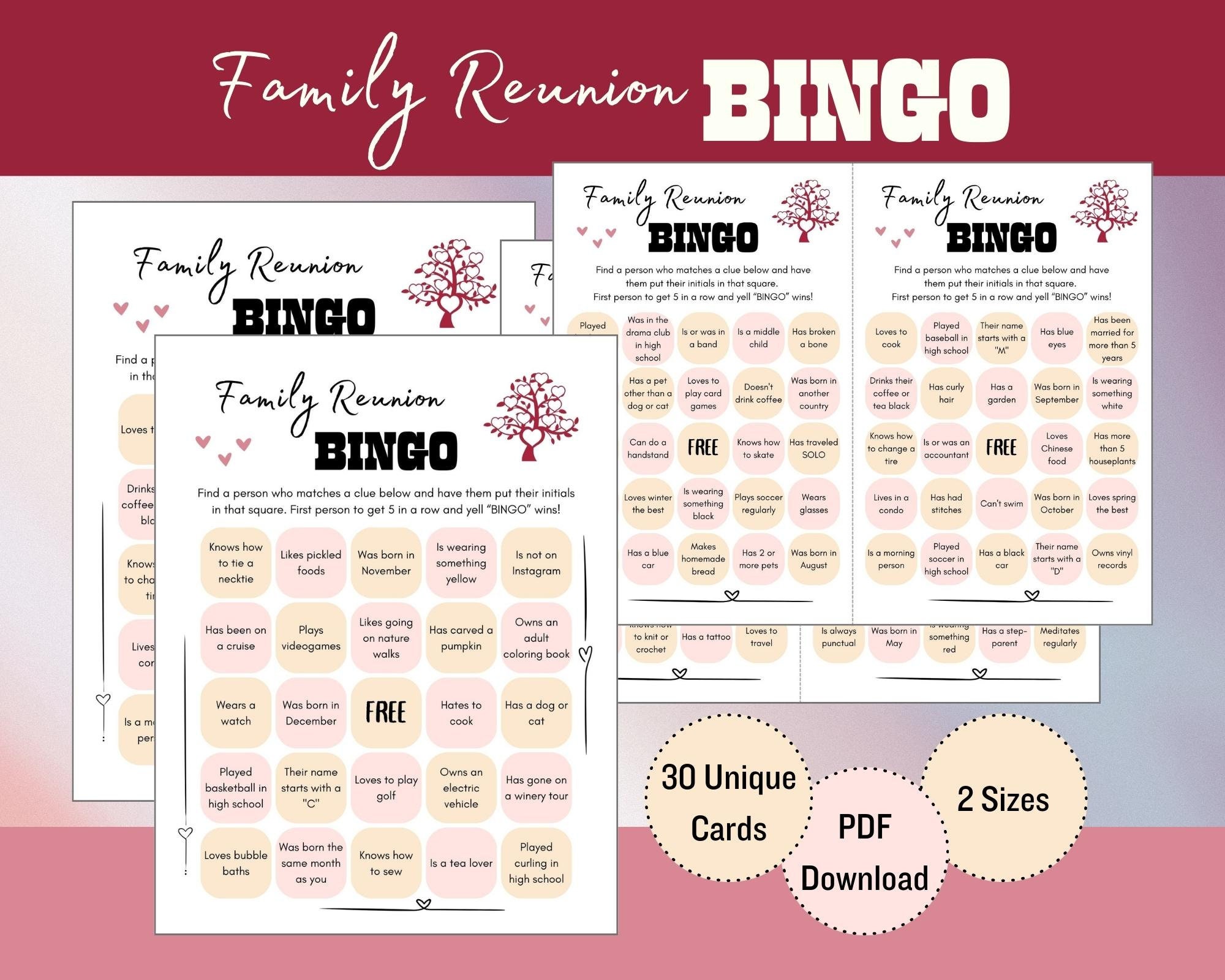 Family Reunion Bingo, Find the Guest Bingo, Team Building Games, Ice ...