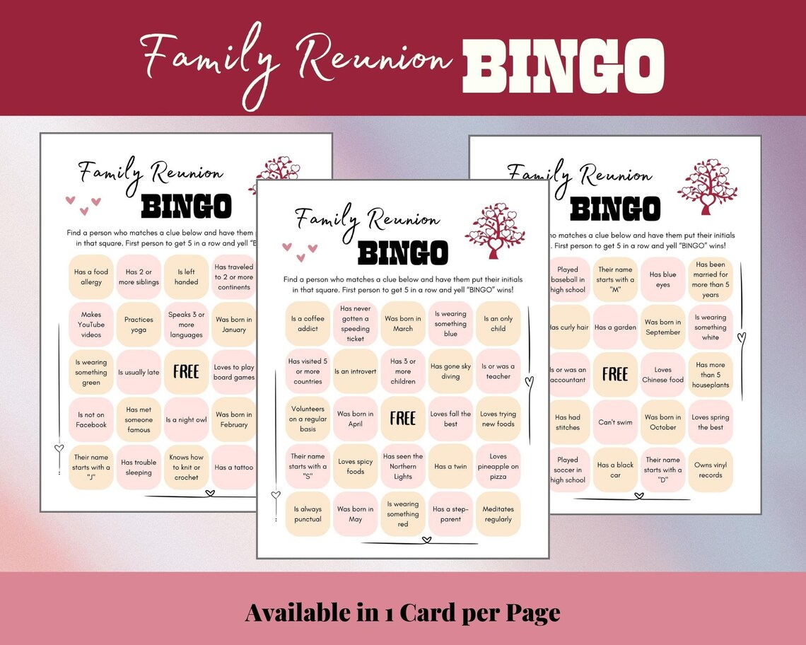 Family Reunion Bingo, Find the Guest Bingo, Team Building Games, Ice ...