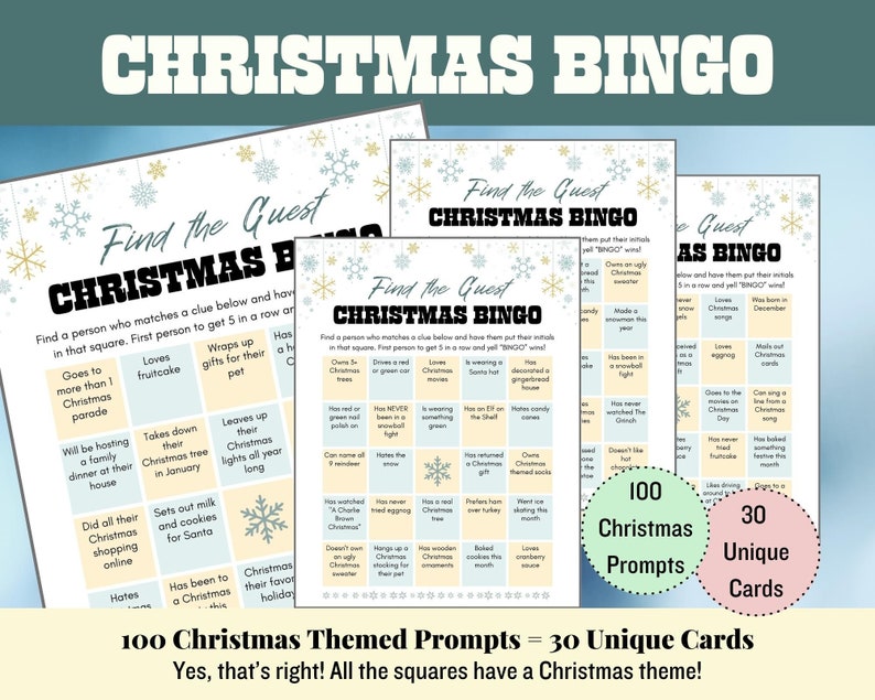 Printable Christmas Bingo With 30 Unique Cards, Find the Guest Bingo ...