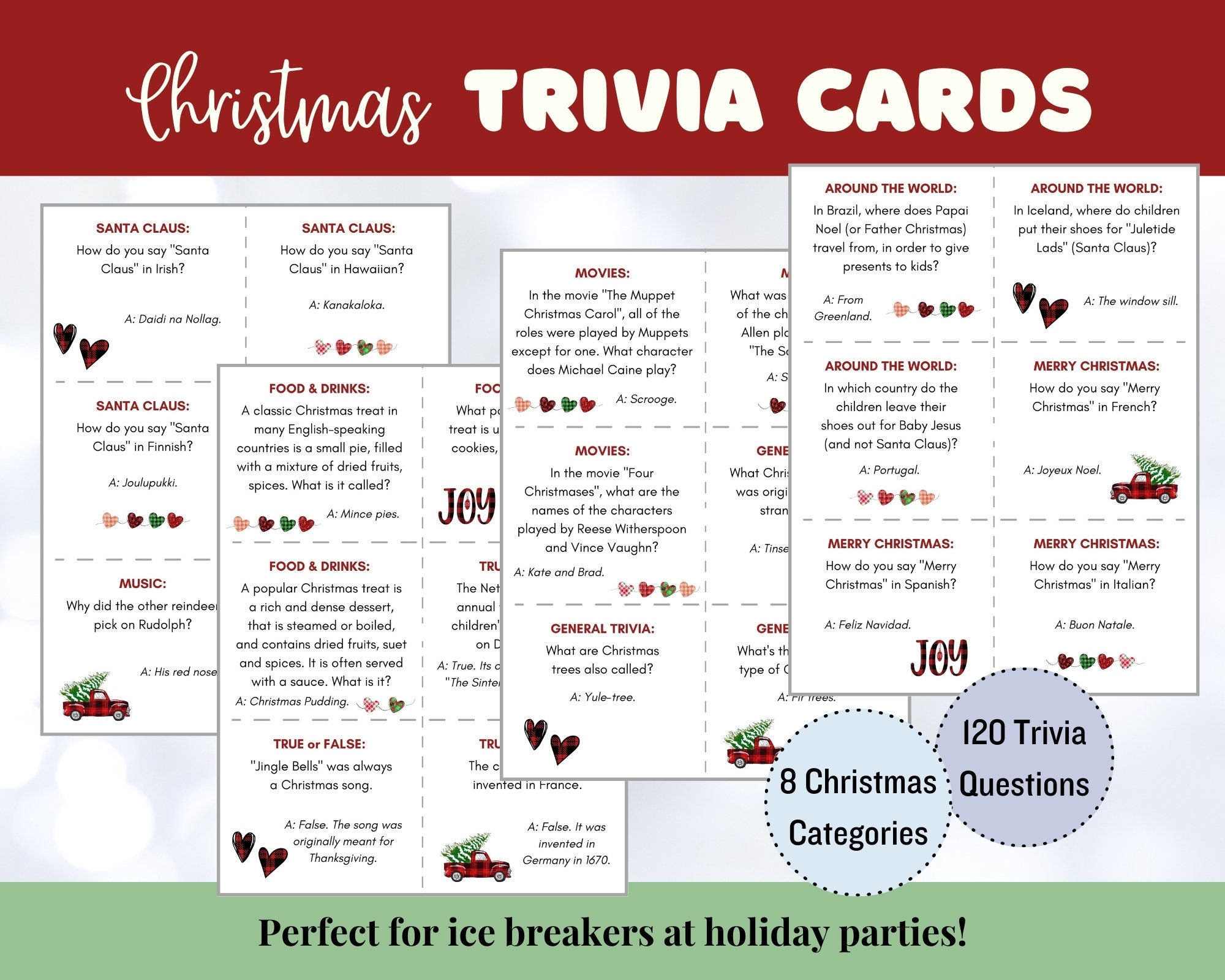 Christmas Trivia Cards for Christmas Party Games, Family Reunion Games ...