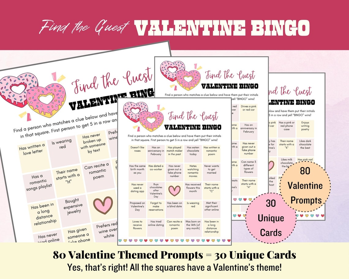 Valentines Bingo With 30 Unique Cards, Valentines Party Games, Find the ...