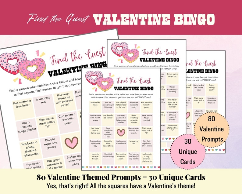 Valentines Bingo With 30 Unique Cards, Valentines Party Games, Find the ...