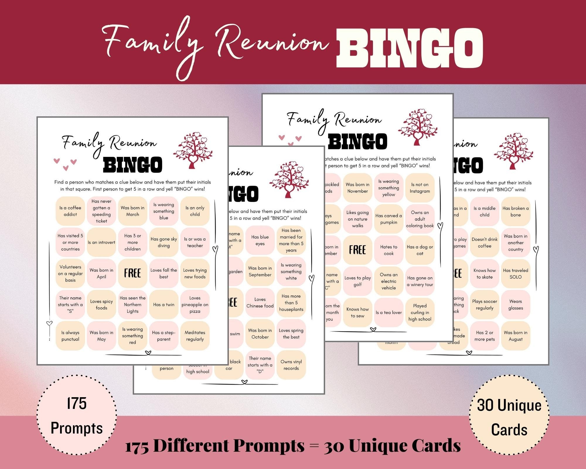 Family Reunion Bingo, Find the Guest Bingo, Team Building Games, Ice ...