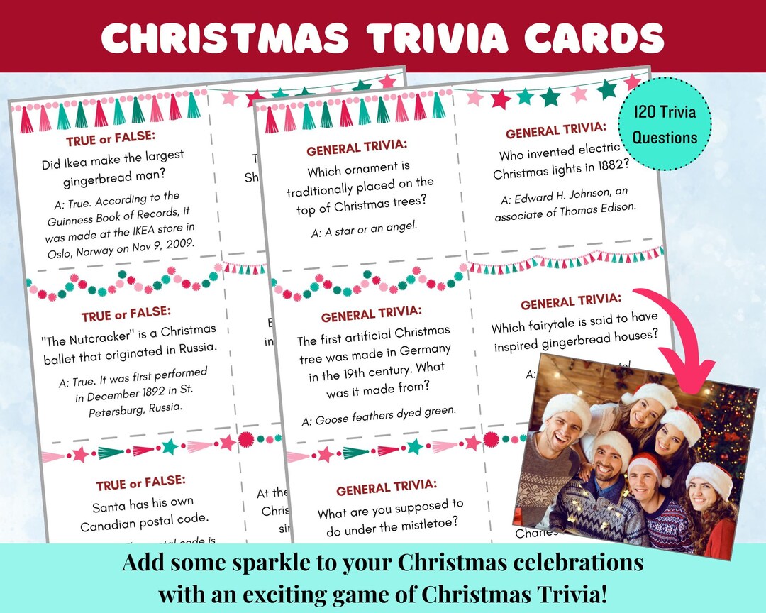120 Christmas Trivia Question Cards, Holiday Trivia Card Game, Family ...