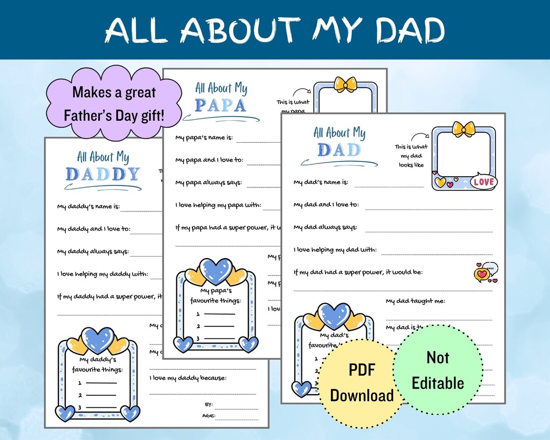 All About My Dad Printable, Father's Day Gift, Sentimental Gift for Dad ...