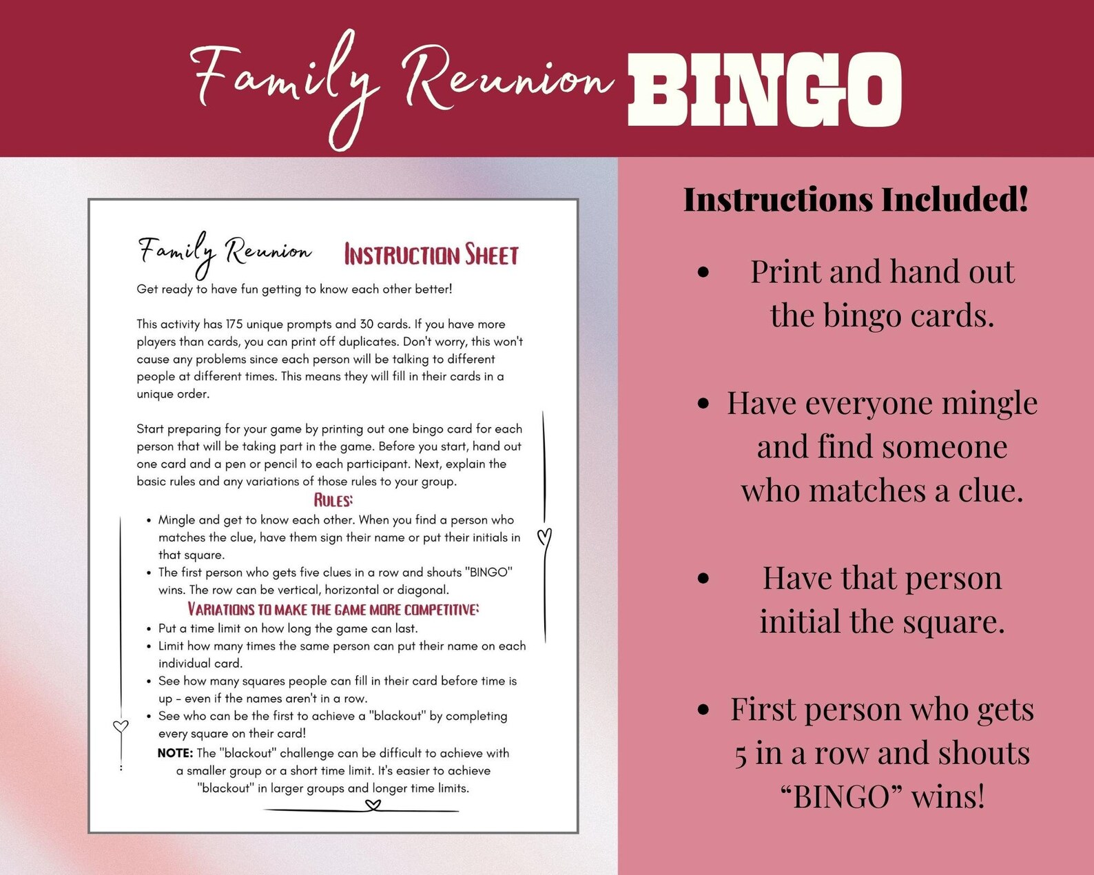 Family Reunion Bingo, Find the Guest Bingo, Team Building Games, Ice ...